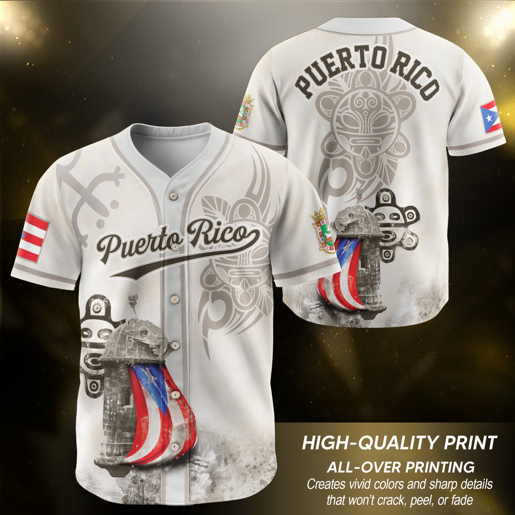 Puerto Rico Heritage White Beige Boricua Fortress Tribal Graphic Baseb ...